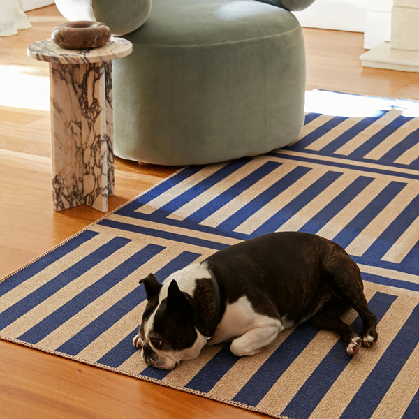 Contemporary Blue Striped Jute Rug | Buy Plinth Online – Life Interiors
