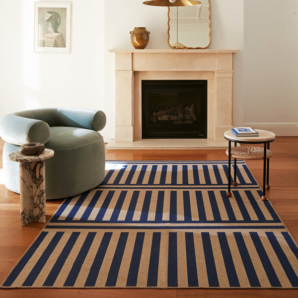 Contemporary Blue Striped Jute Rug | Buy Plinth Online – Life Interiors